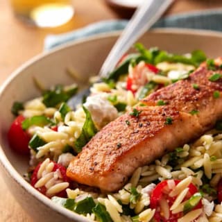 Grilled Salmon with Orzo, Feta, and Red Wine Vinaigrette