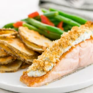 Rockefeller Salmon with Roasted Red Pepper Green Beans and Potatoes