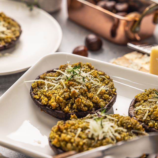 Baked Chestnut Pesto Portobello Caps