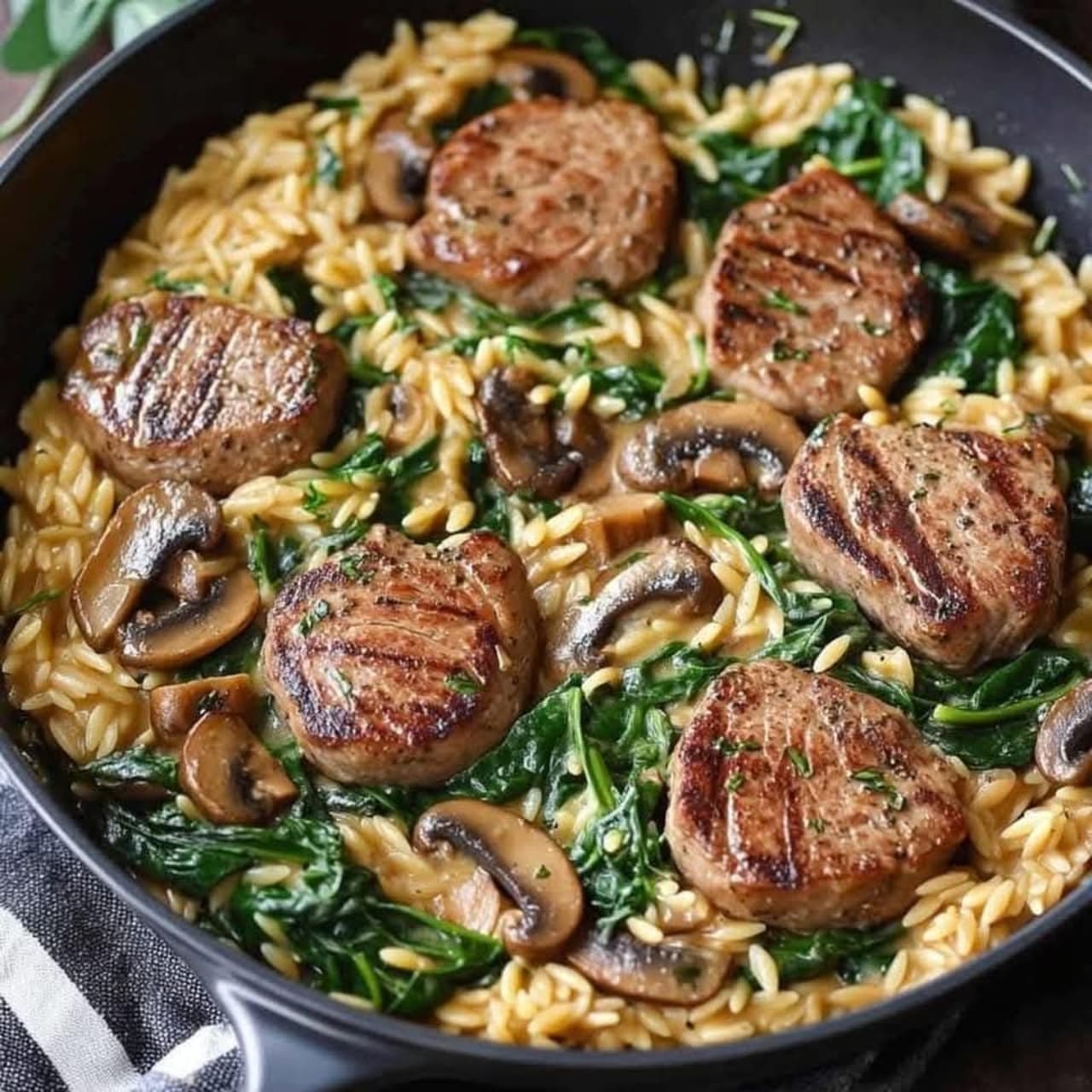 Creamy Pork Tenderloin Medallions with Orzo, Spinach, and Mushrooms