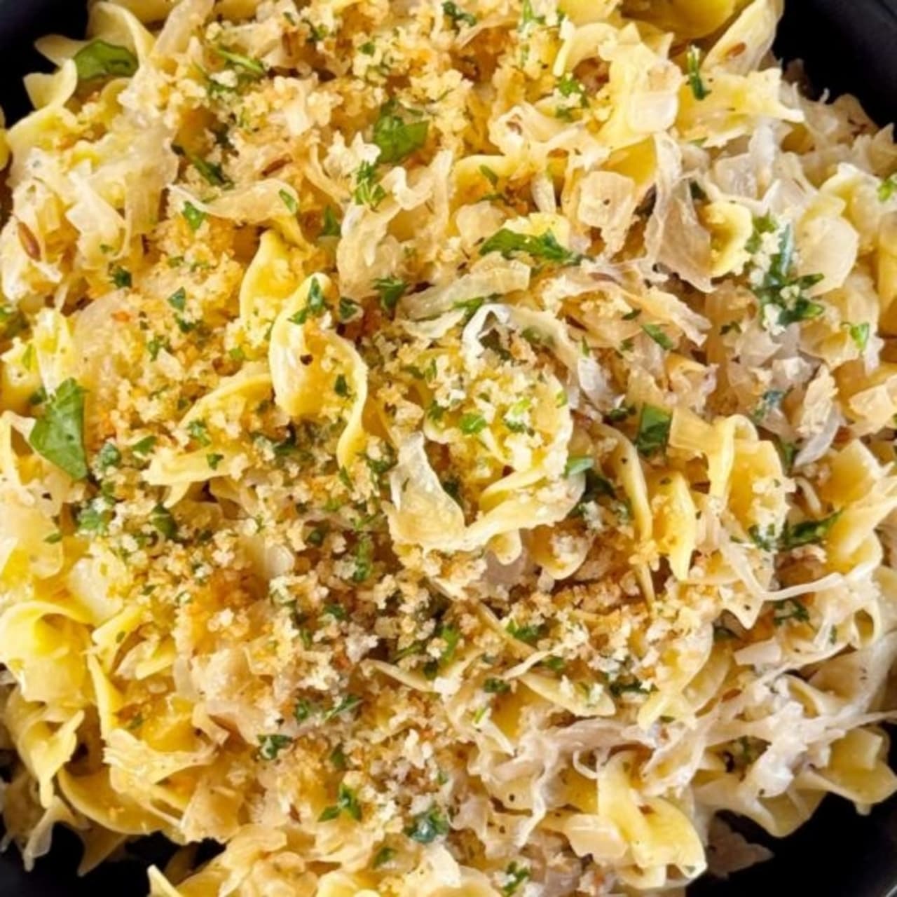 Easy Buttered Noodles with Bavarian Kraut and Toasted Breadcrumbs