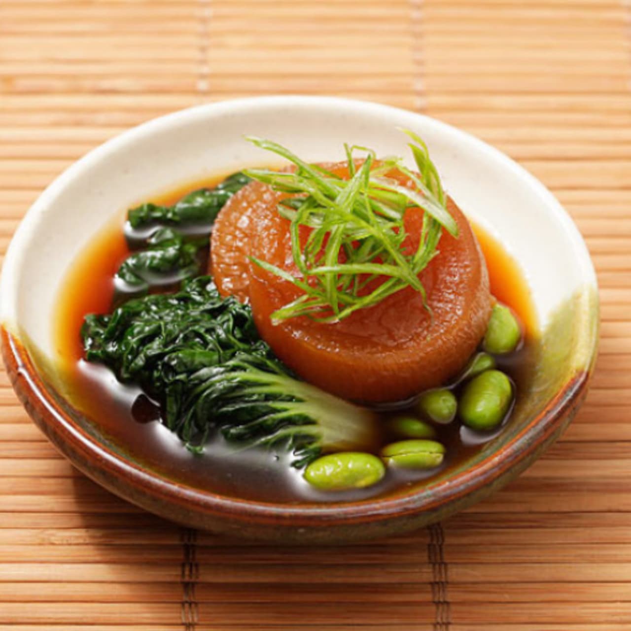 Japanese Simmered Daikon with Bok Choy and Edamame Recipe