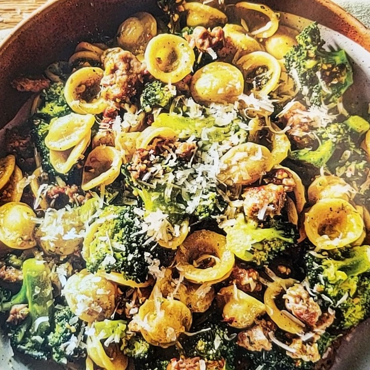 "Little Ears" Pasta with Italian Pork Sausage, Broccoli, and Pesto