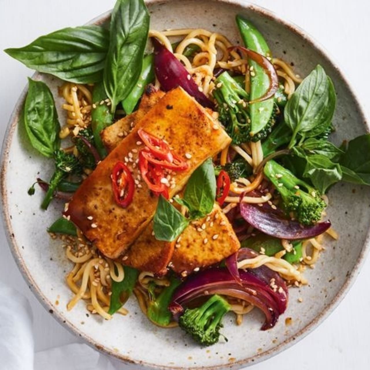 Maple and tamari tofu with broccolini noodles