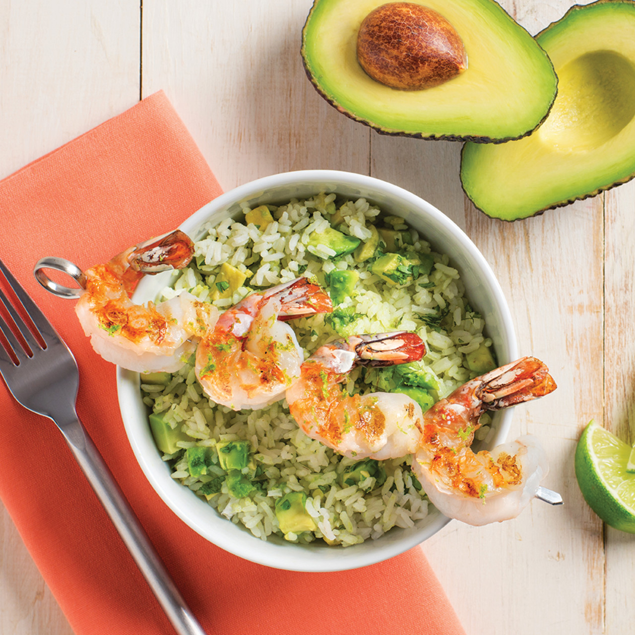 Avocado Lime Rice with Grilled Shrimp