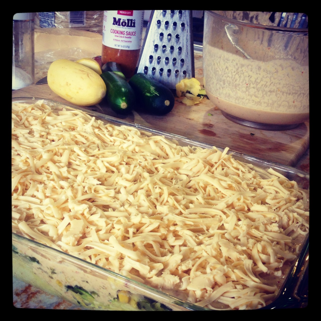 Layered zucchini, squash and roasted poblano enchiladas (Molli Mexico City)