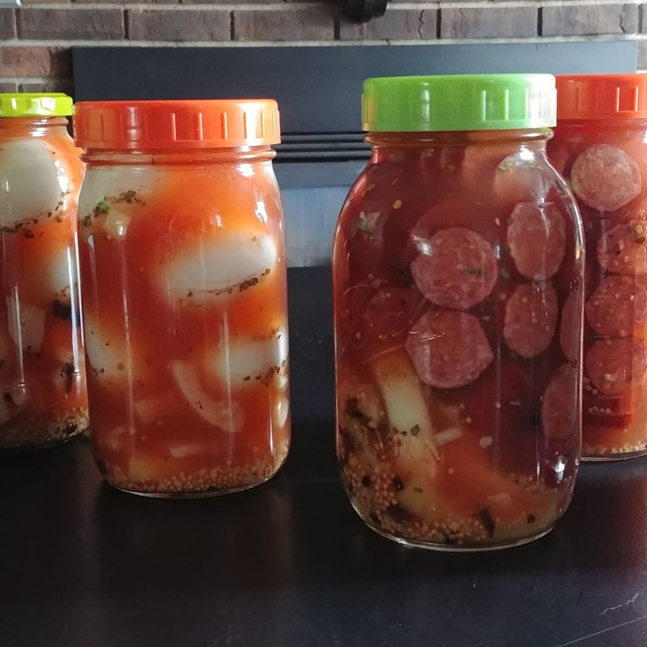 Spicy Pickled Sausage, Onions & Eggs