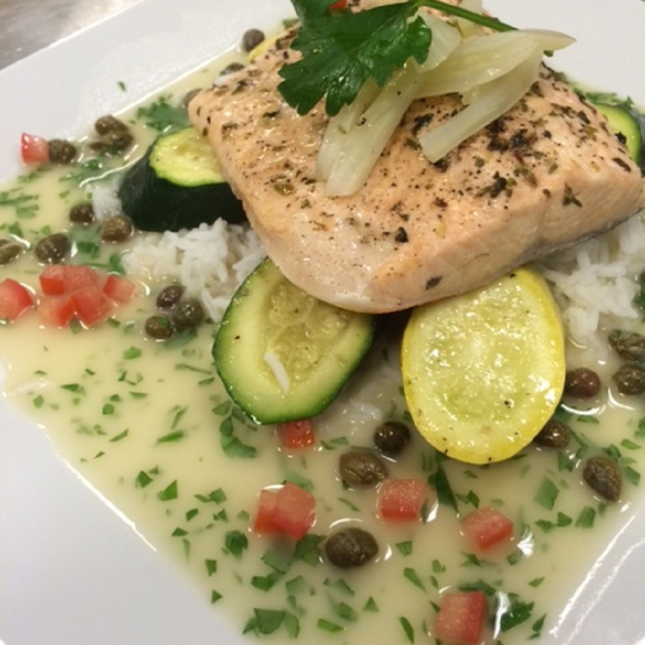 Steamed Salmon with Lemon Herb Vinaigrette and Capers
