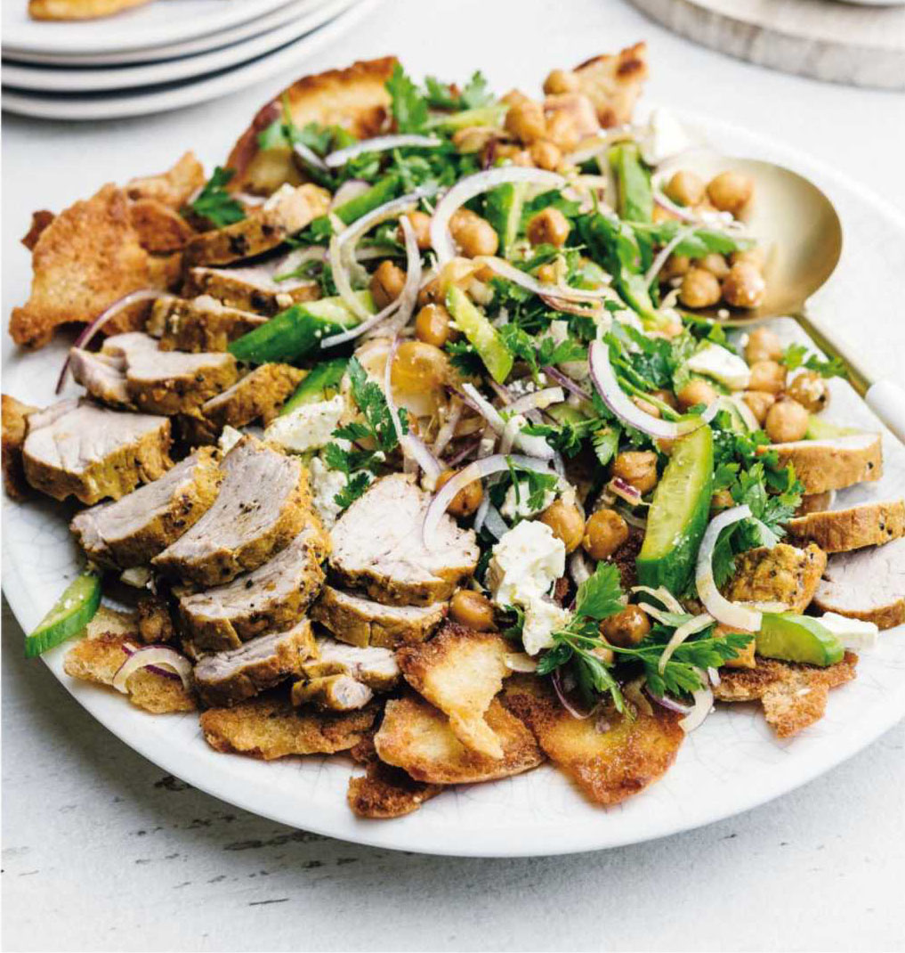 Moroccan Pork with Crispy Lebanese Bread and Herb Salad