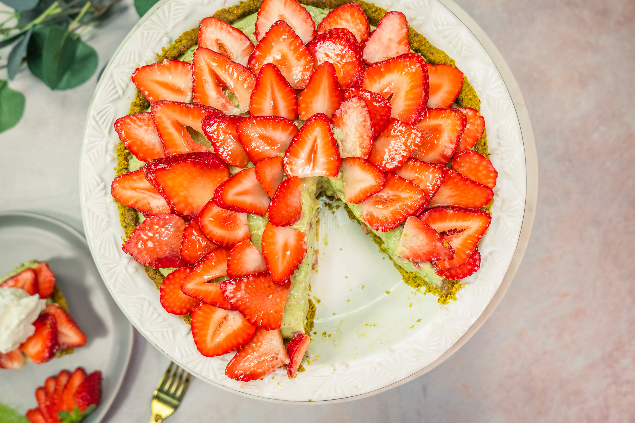 Matcha Strawberry Cream Pie with Pistachio Crust