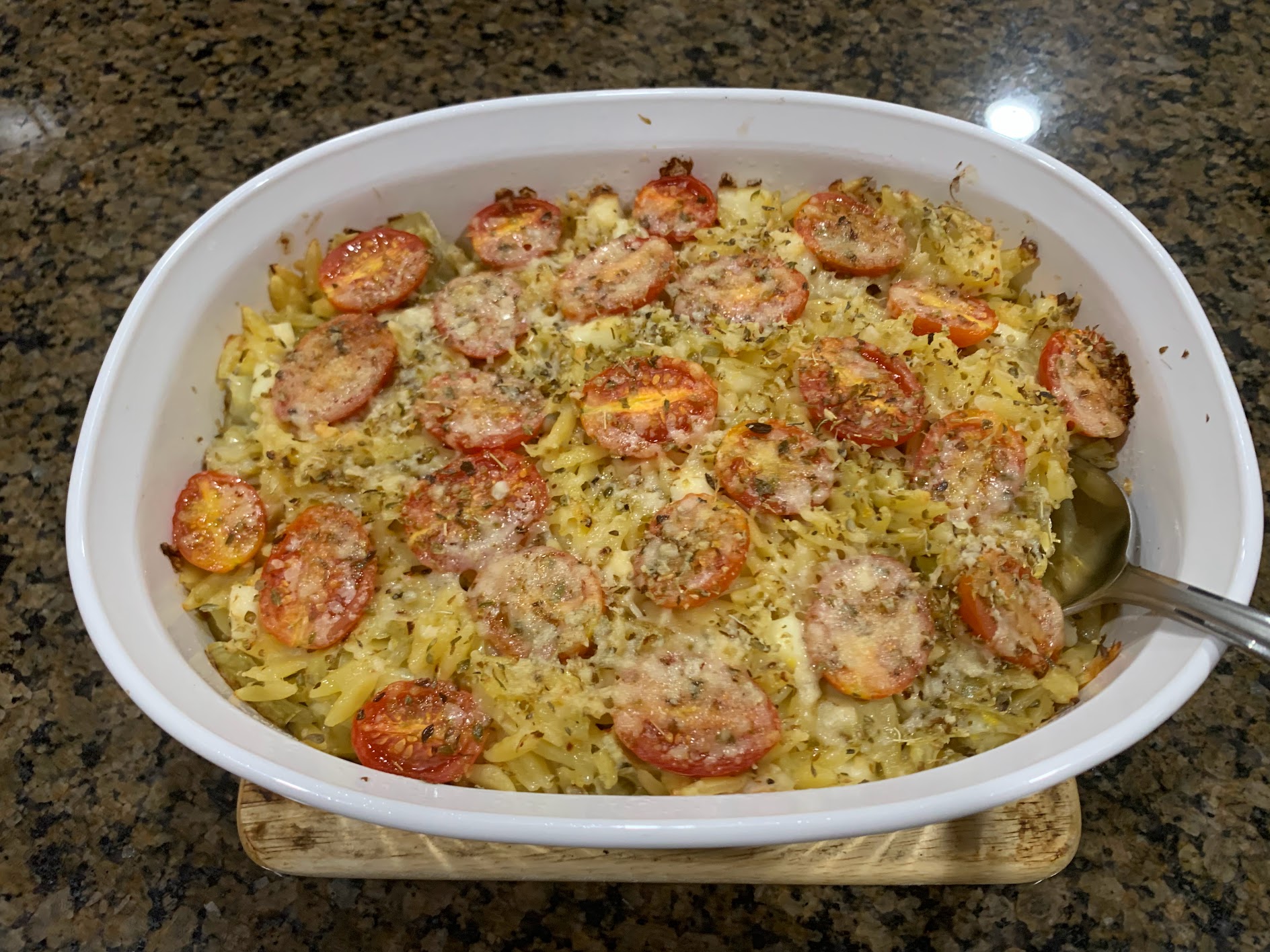 Baked Orzo with Artichokes, Tomatoes and Halloumi